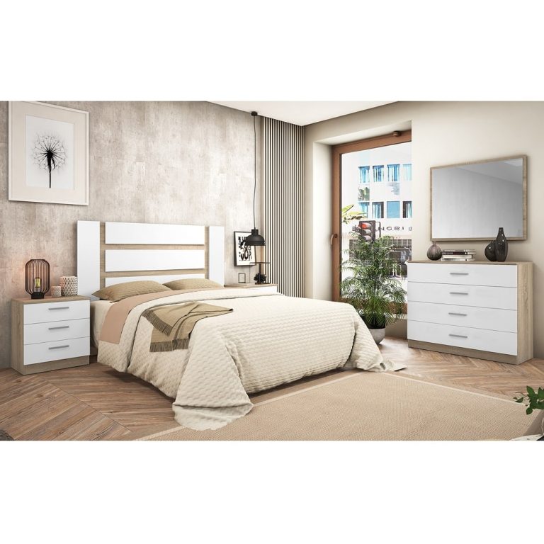 Juego dormitorio: cabecero de pie 160 cm, 2 mesitas noche, cómoda ...